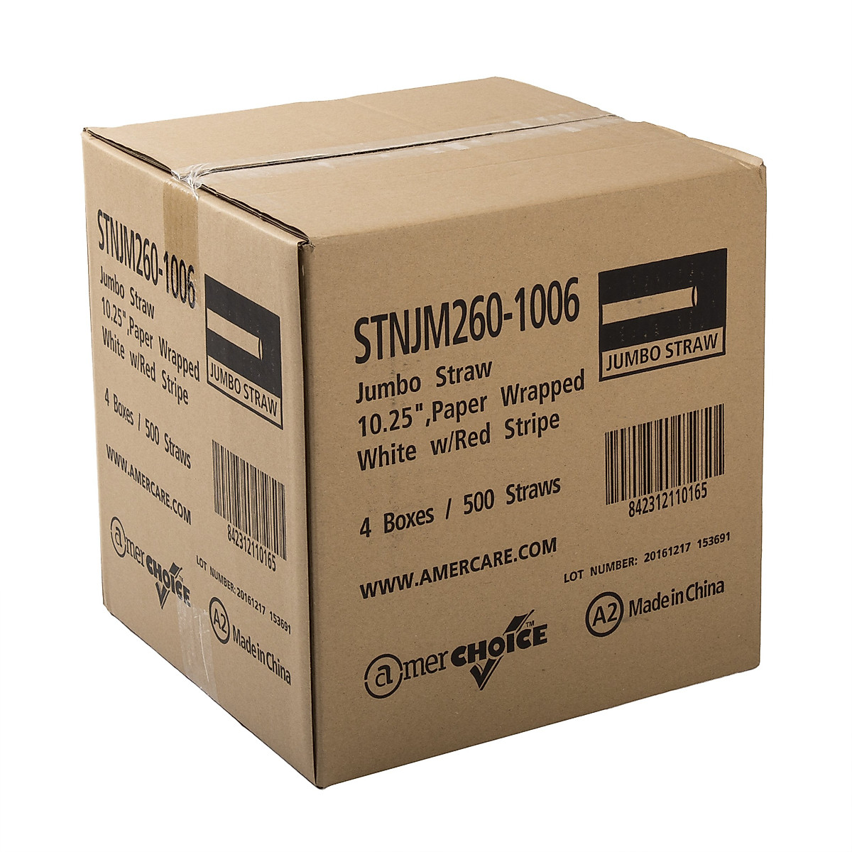 AmerCare 10.25 Inch Jumbo White with Red Stripes Paper Wrapped Straws, Case of 2000