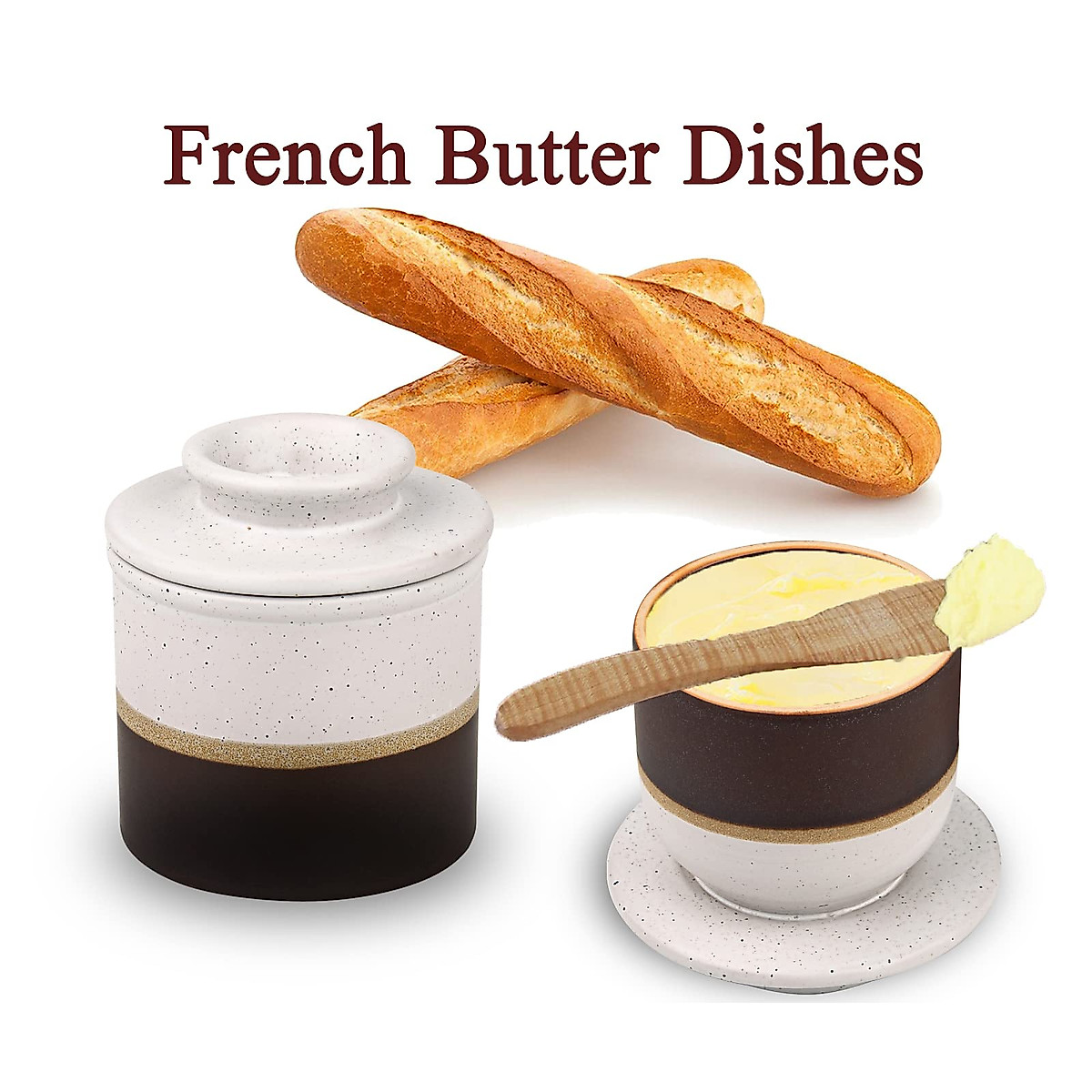 Ceramic Butter Crock For Counter With Water Line White Brown Butter Keeper French Butter Dish Porcelain Butter Holder With Water Line Butter Cup