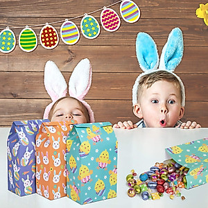 DECORLIFE 24PCS Easter Treat Bags, Easter Goodie Bags for Kids, Paper Bag Bulk for Candy, Gift, Party Favors, Eggs/Chicks/Bunny Printing with 24PCS Stickers Included