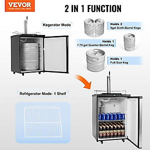 VEVOR Beer Kegerator, Single Tap Draft Beer Dispenser, Full Size Keg Refrigerator With Shelf, CO2 Tank(No Gas), Drip Tray & Rail, 23°F- 82.4°F Temperature Control, 162L, Silver