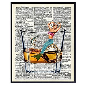 Bar Man Cave Mermaid Decor - Scotch Whiskey Wall Art - Fish Wall Decor for Men, Guys - Funny Alcohol Drinking Decor - 8x10 Dictionary Art Picture Poster - Home Office Decor