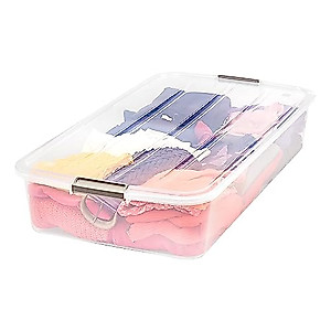 IRIS USA 100802 50 Quart BPA Free Clear Plastic Underbed Stackable Storage Container Box with 2 Latch Lid Handle for Home Organization (6 Pack)