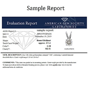 AGS Certified 1/3ct Natural Diamond Solitaire Pendant Necklace in 14K White Gold on an 18in. Box Chain |SI2-I1 Clarity G-H Color