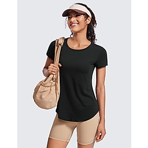 CRZ YOGA Pima Cotton Womens Short Sleeve Shirt Loose Casual Yoga T-Shirt Athletic Workout Tops Black X-Large