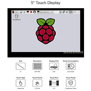 Coolwell Waveshae 5inch Capacitive Touch Display for Raspberry Pi Series and CM3/3+, 800×480, DSI Interface Up to 5-Points Touch