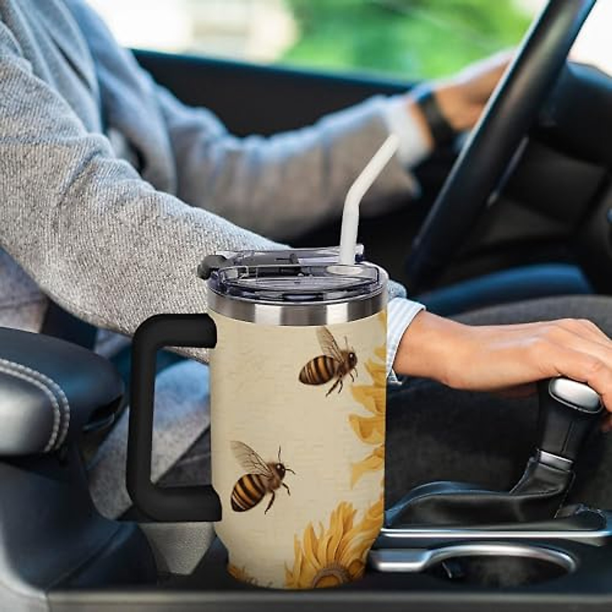 40 Oz Tumbler with Handle Bees And Sunflowers on Old Paper Stainless Steel Coffee Mug Reusable Travel Mug Leak-proof Insulated Car Cup Large Capacity Tumbler for Travel, Outdoor, Home Use (Black)