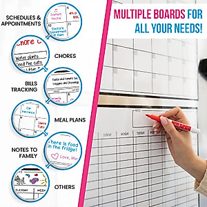 Magnetic Dry Erase Calendar and Chores Chart Bundle for Fridge: 2 Boards Included 17x12" - 6 Fine Tip Markers and Large Eraser with Magnets | Magnetic Chore Chart - Chore Board for Kids and Adults