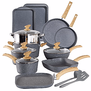 Kitchen Academy Granite Nonstick Cookware Set - 17 Piece Gray Cooking Pans Set, Induction Pots and Pans Set Non Stick, PFOA & PFOS Free.