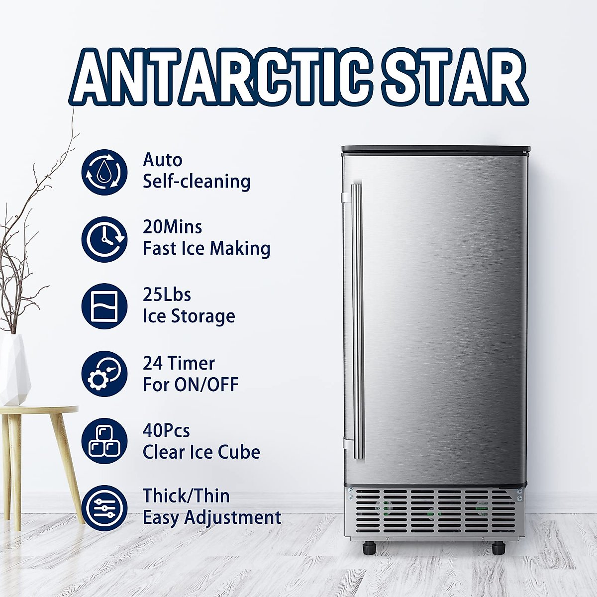 Antarctic Star Ice Maker 115V 60Hz Ice Scoop Handle Water Inlet Pipe Draining Pipe Quick Connector 40 Square Ice Cubes in 20 Minutes 80lbs in 24H 24-Hour Timer Self-Cleaning, Silver