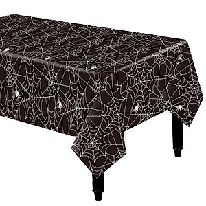 DAZONGE Spider Web Tablecloth for Halloween Party Decorations, 2 Pack Plastic Halloween Table Covers 54''x110'' Black, Spill-Proof Spider Web Table Cloth for Halloween Decor