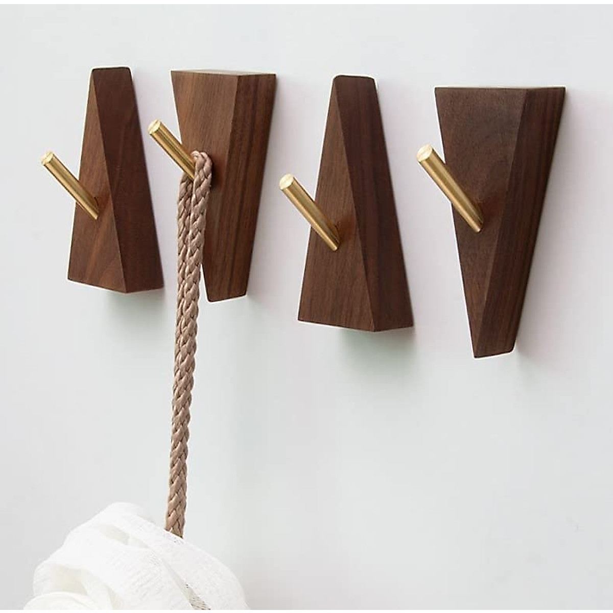 Wall Coat Hook Rack - Set of 4 – Natural Walnut Wood and Solid Brass Hook for Hanging Coats - Wall Mounted Hat Hooks – Nordic Style Decorative Wall Hooks - Hat Hangers for Wall