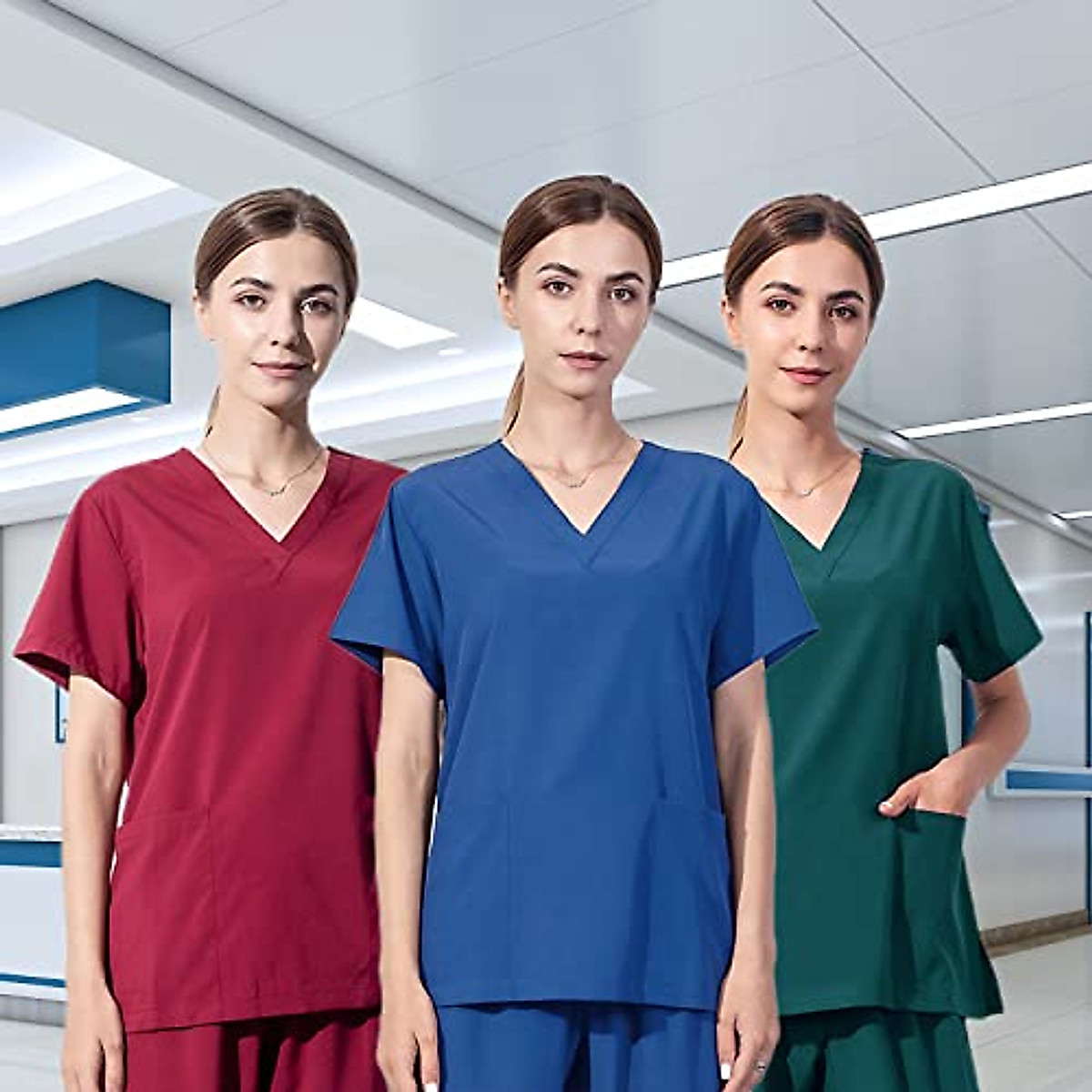 Scrubs Set for Women Joggers V-Neck Pocket Top Uniforms Athletic Stretch Set Workwear Drawstring Threaded Pant Legs