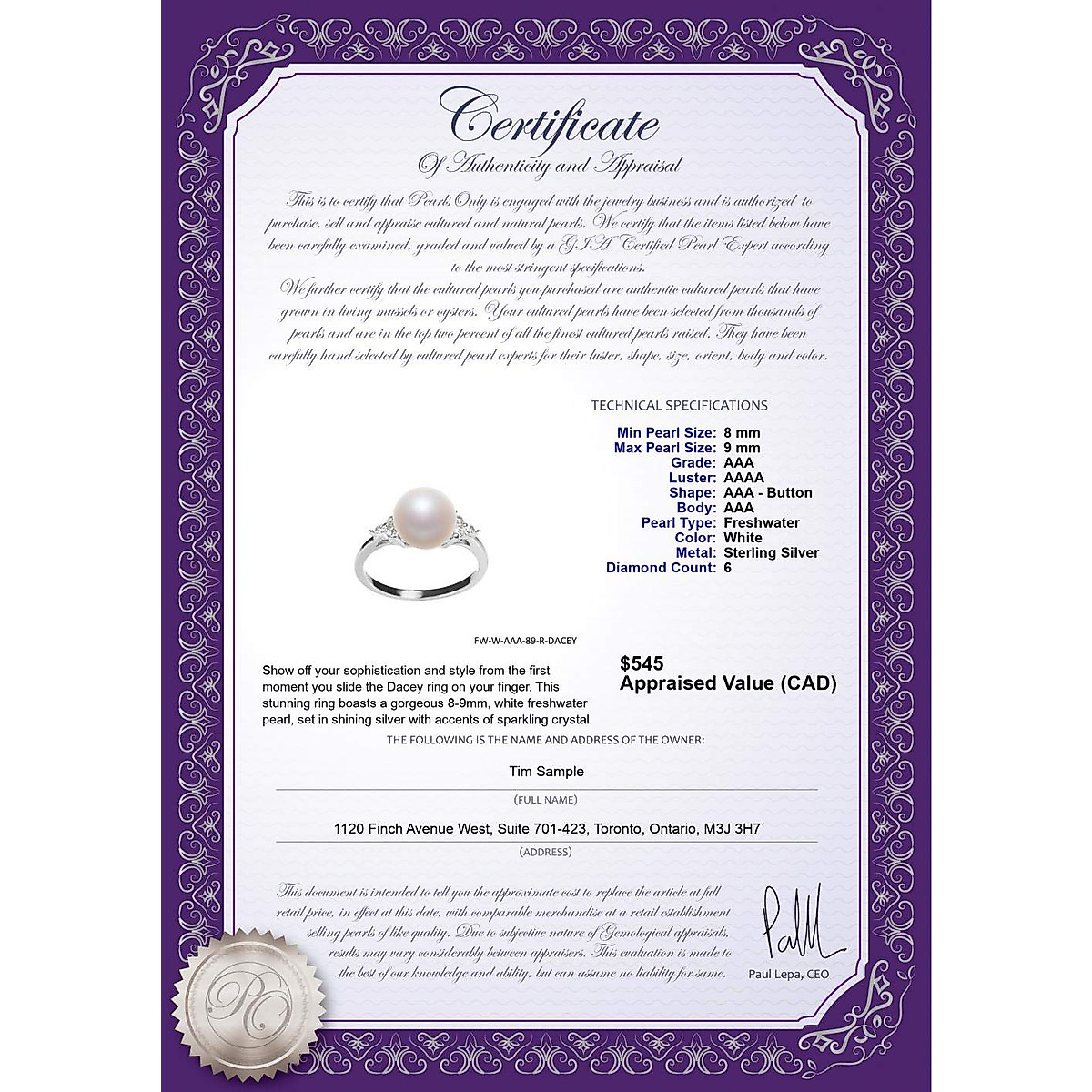 Dacey White 8-9mm AAA Quality Freshwater 925 Sterling Silver Cultured Pearl Ring For Women - Size-5