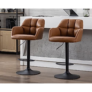 EALSON Modern Swivel Bar Stools Set of 2 Leather Counter Height Barstools with Back and Arms Adjustable Bar Stool Chairs with Metal Base for Kitchen Island/Home Bar/Dining Room, Brown