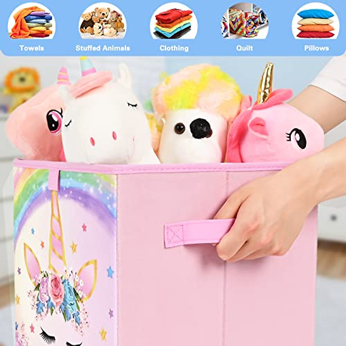 Cube Storage Bins - 4 Pack Fabric Foldable Storage Cube Organizer for Kids Decorative Storage Baskets with Handles 11" x 11" Home Closet Nursery Room Bedroom (Unicorn)