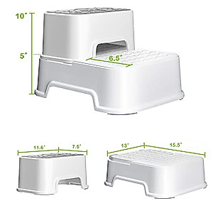 Two Step Stool for Kids, Double up Toddler Step Stool for Potty Training, Kitchen, Bathroom, Toilet Stool with Anti-Slip Strips for Safety, Stackable, Wide Step (1 Pack White)