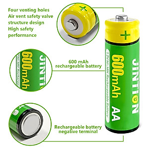 JINTION AA Rechargeable Batteries 600mah High Capacity 1.2V Ni-MH Double a Battery for Outdoor Solar Lights, String Lights, TV Remotes, Wireless Mouses, Flashlight