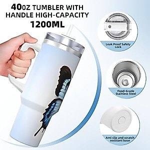 HULIBIN Blue Butterfly Print Double Deck Stainless Steel Travel Coffee Cup With Lid 40 Oz Ice Bully Cup
