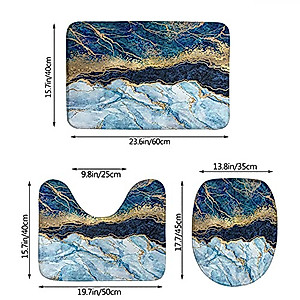 WONDERTIFY Blue Marble Bathroom Antiskid Pad Gold Foil and Glitter Marbling Wavy 3 Pieces Bathroom Rugs Set, Bath Mat+Contour+Toilet Lid Cover
