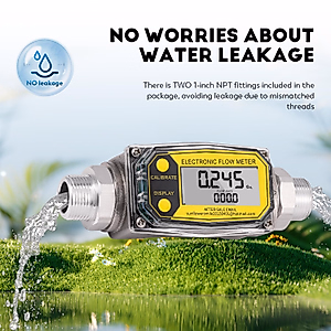 CGOLDENWALL 1” Turbine Fuel Meter, Stainless Steel Water Meter with 1-inch NPT Adapters, Gallon Liquid Flowmeter, Digital Inline Flow Meter for Liquids, Required Flow Rate 2.5-26GPM