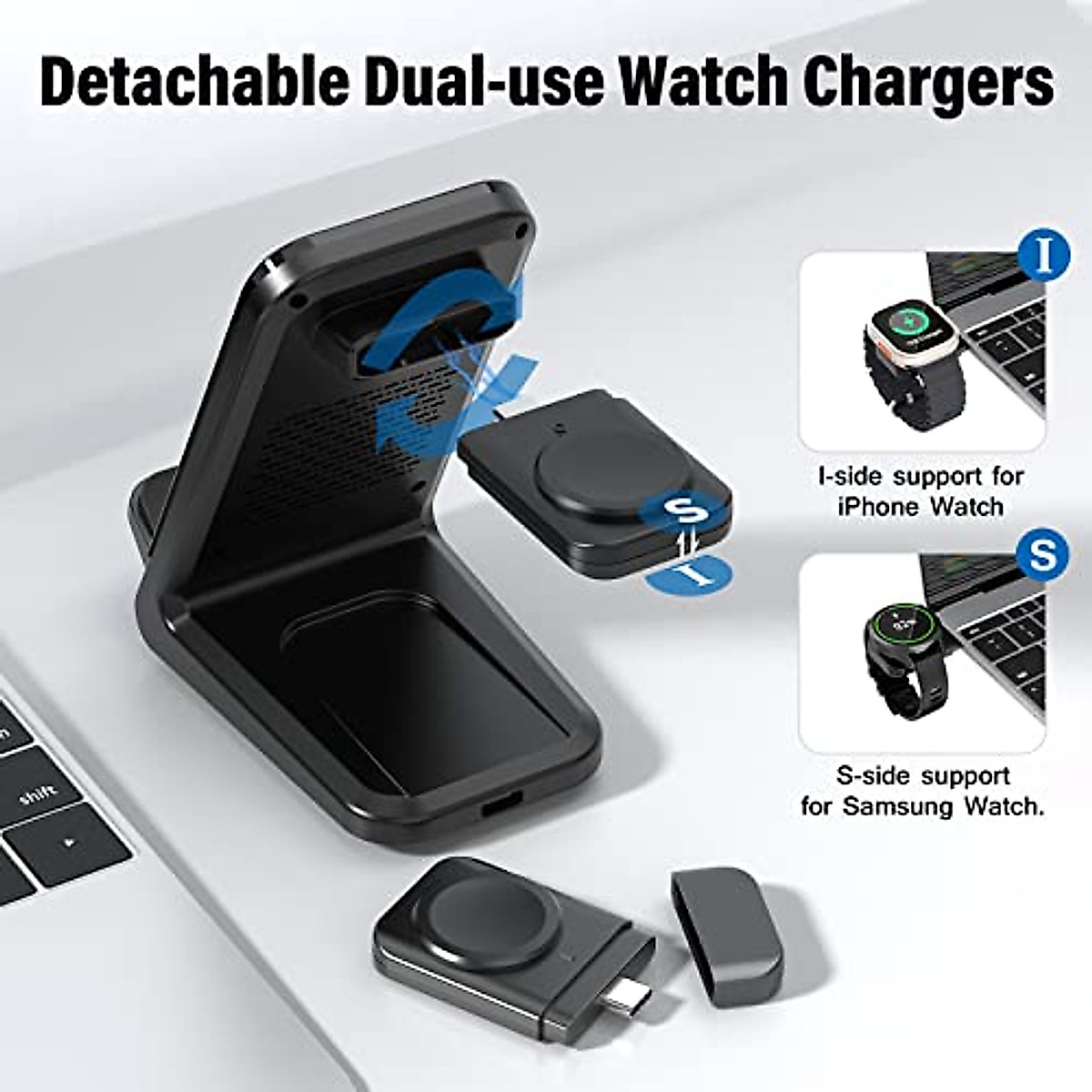 Wireless Charging Station for Samsung, Fast Wireless Charger for Samsung S23 Ultra Plus S22 Z Flip 4 Fold 4 3 in 1 Galaxy Watch Charger for Samsung Watch 5 Pro 4 Active 2, Galaxy Buds with 18W Adapter