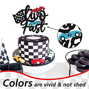 Two Fast Cake Topper Racing Car Chequered Flag Themed Happy Birthday Party Supply for Boys Girls Kids 2nd Second Two Bday Cake Decoration