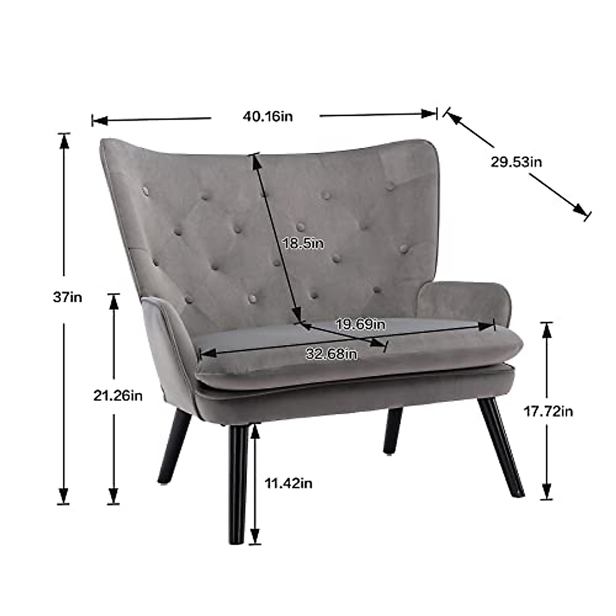 Dolonm Accent Chair Velvet Small Loveseat Tufted Button Wingback Armchair Modern Mid Century Settee Loveseat with Solid Wood Legs for Living Room Bedroom Reading Waiting Room (Silver)