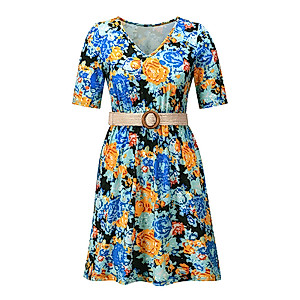 Office Dresses for Women for Work A Line Swing Casual Short Mini Dress Casual V Neck Ruffle Solid Color Flare Dress