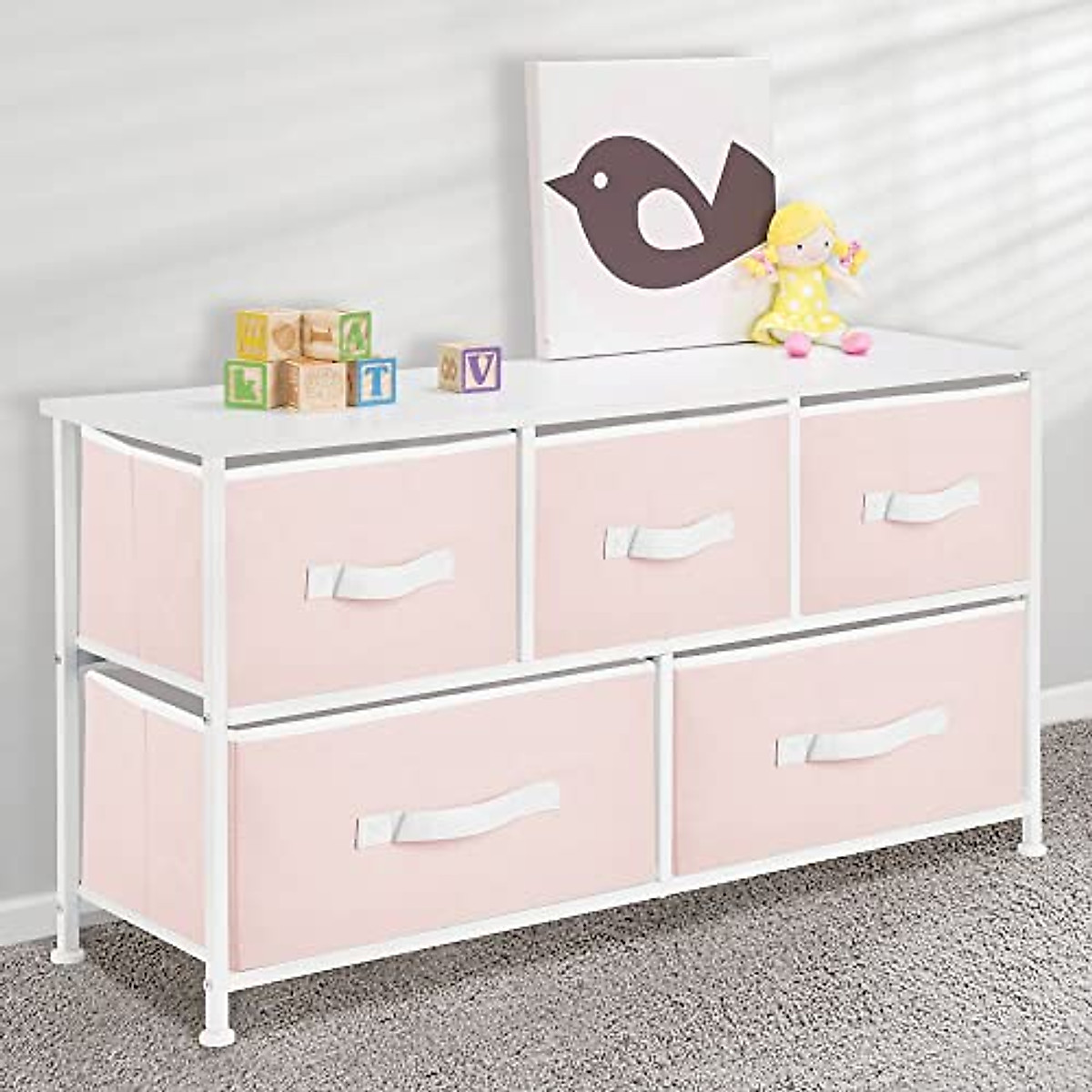 mDesign Wide Steel Frame/Wood Top Storage Dresser Furniture with 5 Fabric Drawers, Large Bureau Organizer for Baby, Kid, and Teen Bedroom, Nursery, Playroom, Dorm - Jane Collection, Pink/White, Pack of 1
