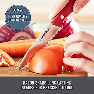 Zakarian by Dash 2 Piece Chef Grade German Steel Paring Knife Set with Smooth and Serrated Blades for Chopping, Dicing, Mincing, Slicing and More – Cranberry