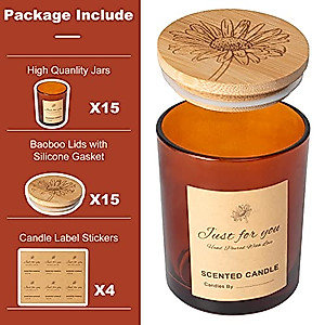 CONNOO 15 Pack 7 oz Amber Glass Candle Jars with Bamboo Lids for Making Candles, Empty Candle Container Tins with Carving Lids and Labels, Bulk Candle Tins
