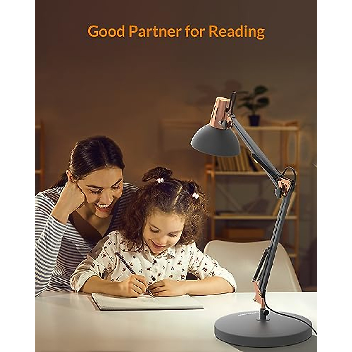 LEPOWER Metal Desk Lamp, Adjustable Goose Neck Architect Table Lamp with On/Off Switch, Swing Arm Desk Lamp with Clamp, Eye-Caring Reading Lamp for Bedroom, Study Room &Office (Sandy Black)