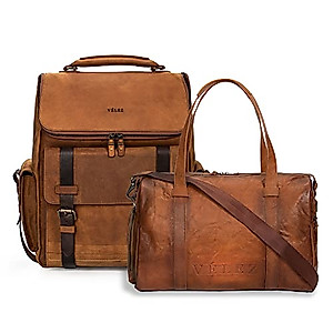 VELEZ Top Grain Leather Backpack for Men + Weekender Bag with Shoe Compartment