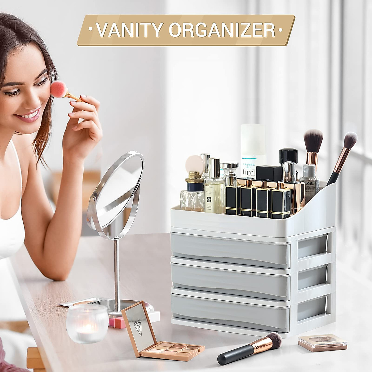 JULY'S SONG Makeup Organizer with Drawers Tray for Cosmetic Storage, Bathroom Countertop Make up Organizers Display Box for Brushes Lipstick Nail