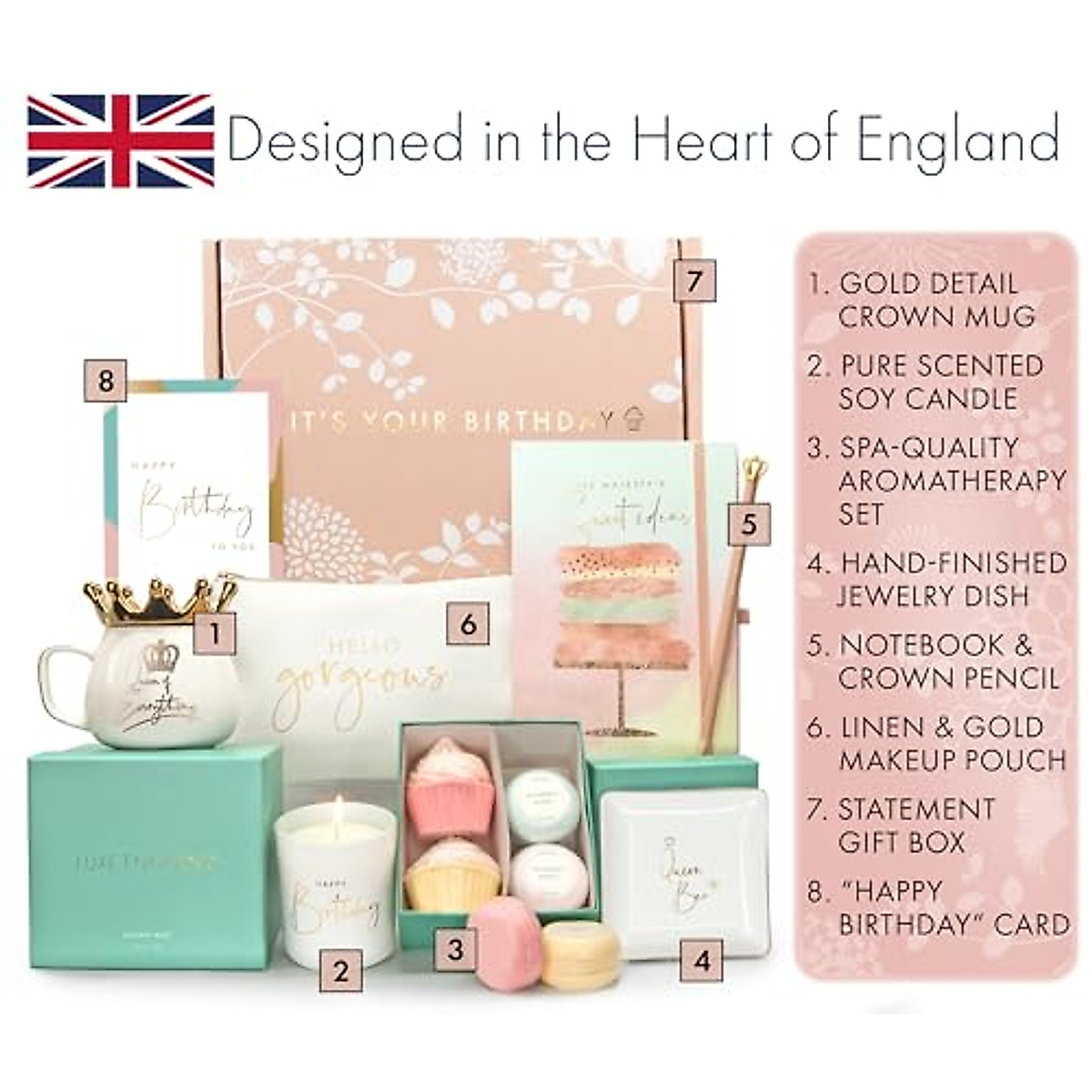 Luxe England Gifts Happy Birthday Box for Women – Luxury Gift Baskets for Her Birthday Designed in Britain – High-end Unique Birthday Gifts for Women Best Friend, Sister, Daughter, Mom