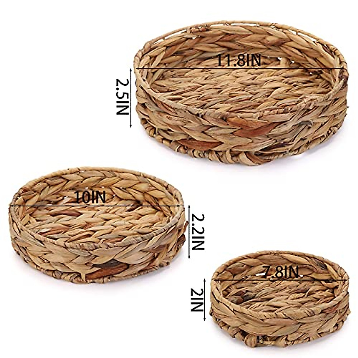 Cedilis 3 Pack Fruit Tray Weaving by Grass, Woven Serving Tray, Round Serving Basket, Decorative Tray Storage Bins for Serving Bread, Fruit, Vegetables, Snack, Tea, Parties Kitchen Organizer