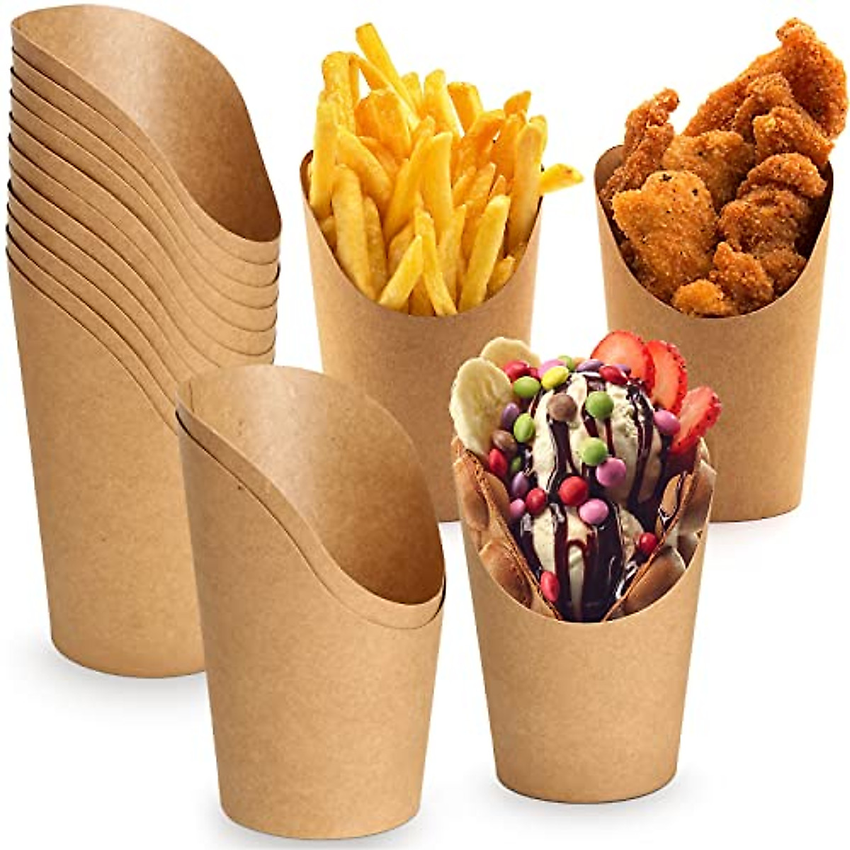 Honeydak 150 Pieces French Fry Cups Holder Charcuterie Cups Disposable Snack Cups Take-out Party Baking Supplies Popcorn Boxes Paper Cones for Wedding Birthday Party Baby Shower (14oz), Brown