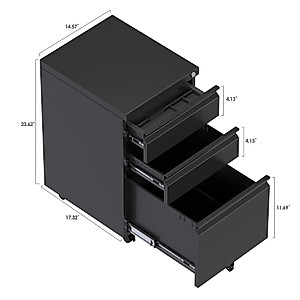 GangMei Mobile File Cabinet Under Desk, 3 Drawers Steel Lateral Filing Cabinet with Lock and Wheels, Fully Assembled(Black)