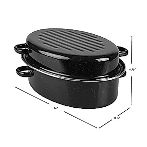14" Enameled Roasting Pan With Lid, By Home Basics (Black) | Turkey Roasting Pan | Carbon Steel Large Turkey Roasting Pan | For Turkey, Stew, and Pot Roast