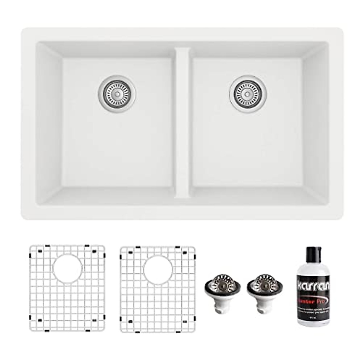 Karran QU-810 32" Undermount Double Equal Bowl Quartz Kitchen Sink Kit in White