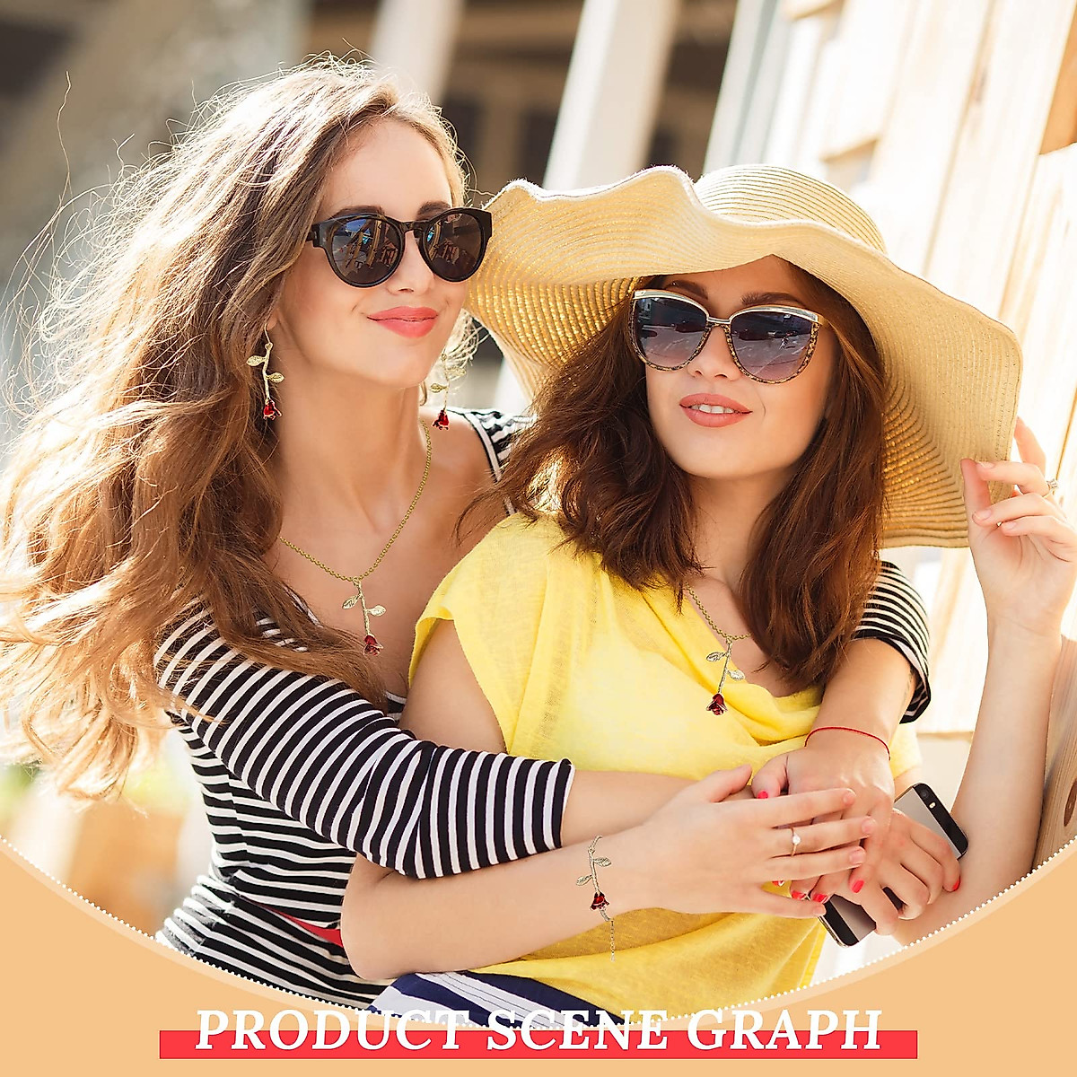 18K Gold Plated Jewelry Set Rose Necklace Bracelet Earrings Personalized Red Rose Flower Necklaces Aesthetic Chain Bracelet Beach Anklets Dangle Hook Earrings for Christmas Gift Girls Teen Women