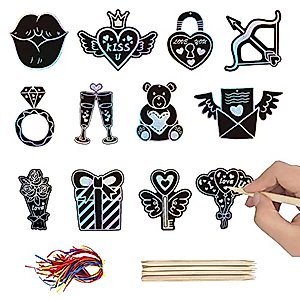 Mocossmy Valentine's Day Heart Magic Scratch Art for Kids,12 PCS Bear Rose Ring Lip Heart Present Rainbow Double Sided Scratch Paper Art Crafts for Kids Boys Girls Birthday Gifts Party Supplies Games