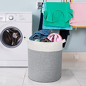 KEEGH Large Cotton Rope Blanket Basket 15" x 18" for Living Room Decorative Woven Laundry Basket with Hanldes Nursery Toy Basket Floor Storage Basket for Blankets Pillows Toys Towels, White & Grey