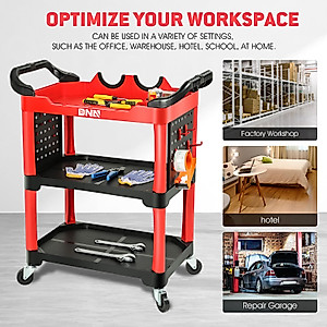 DNA MOTORING 3-Level Heavy Duty Composite Workshop Trolley 120 kg / 260 Lbs Capacity Cart Side Portable On Wheels w/Pegboard for Garage Warehouse Workshop Use, Black/Red, TOOLS-00429