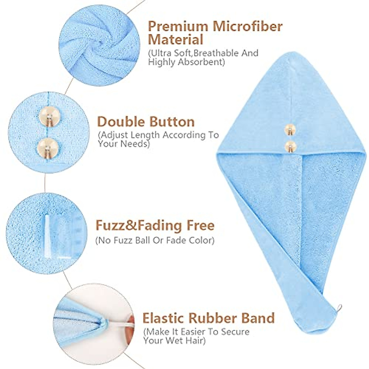 HOMEXCEL Microfiber Hair Towel for Women,3 Packs Hair Turbans for Wet Hair,Super Absorbent Hair Drying Towel Wrap with Double Button for Curly,Longer,Thicker Hair Anti Frizz- 10X 26 Inch