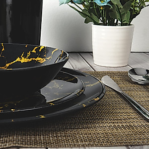 Melamine Dinnerware Sets - 12 pcs Melamine Plates Indoor and Outdoor use Black Marble Plates and Bowls Dinnerware Sets Camping Dish Set for 4 Dishwasher Safe(Sahara Gold)