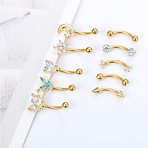 Drperfect 10Pcs 16G Rook Daith Earrings for Women Stainless Steel Belly Lip Ring Cartilage Tragus CZ Body Piercing Curved Barbell Eyebrow Rings 6-8mm