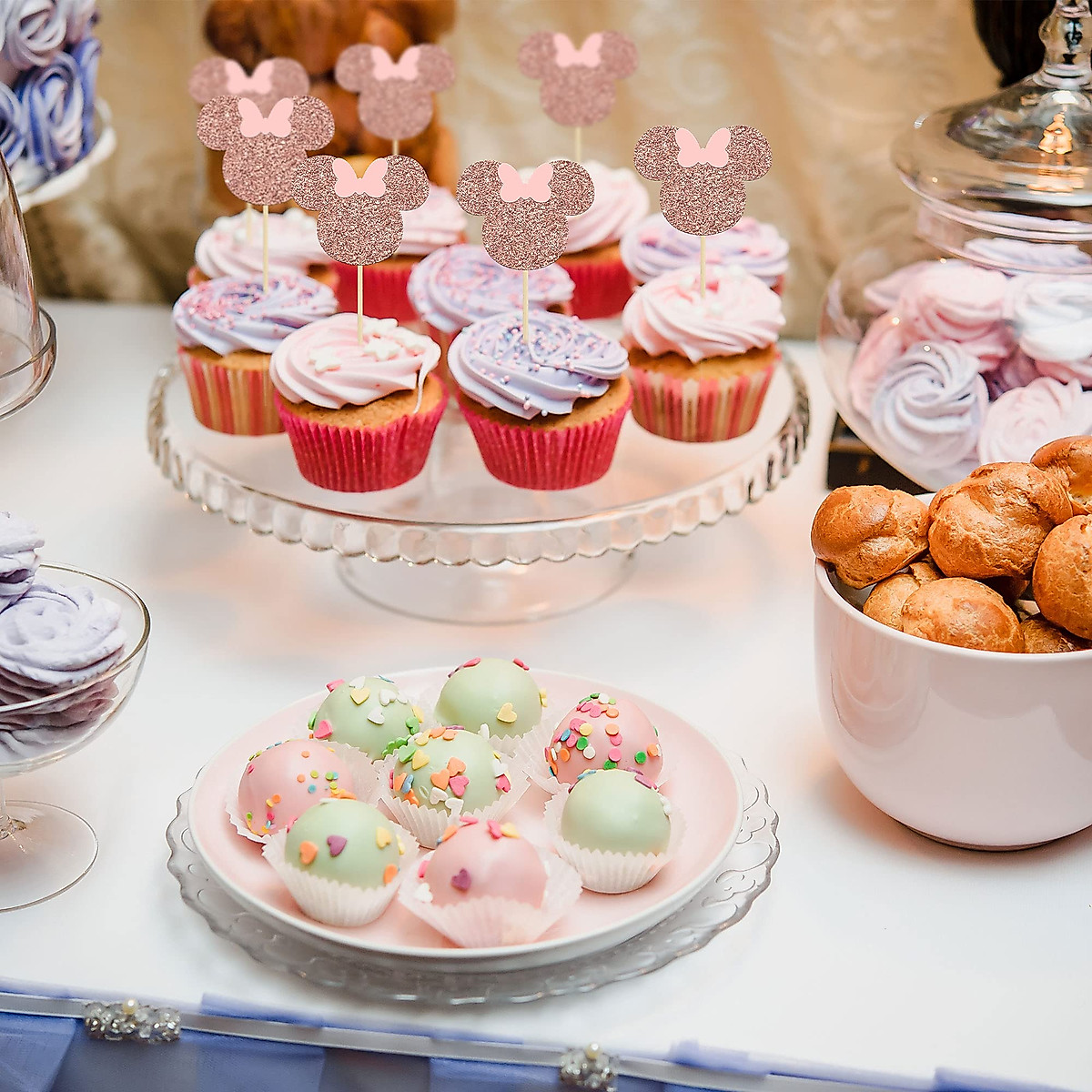 Gyufise 36Pcs Mouse Inspired Cupcake Toppers with Pink Bow Rose Gold Glitter Mini Mouse Cupcake Picks Decorations for Baby Shower Wedding Kids Birthday Party Supplies