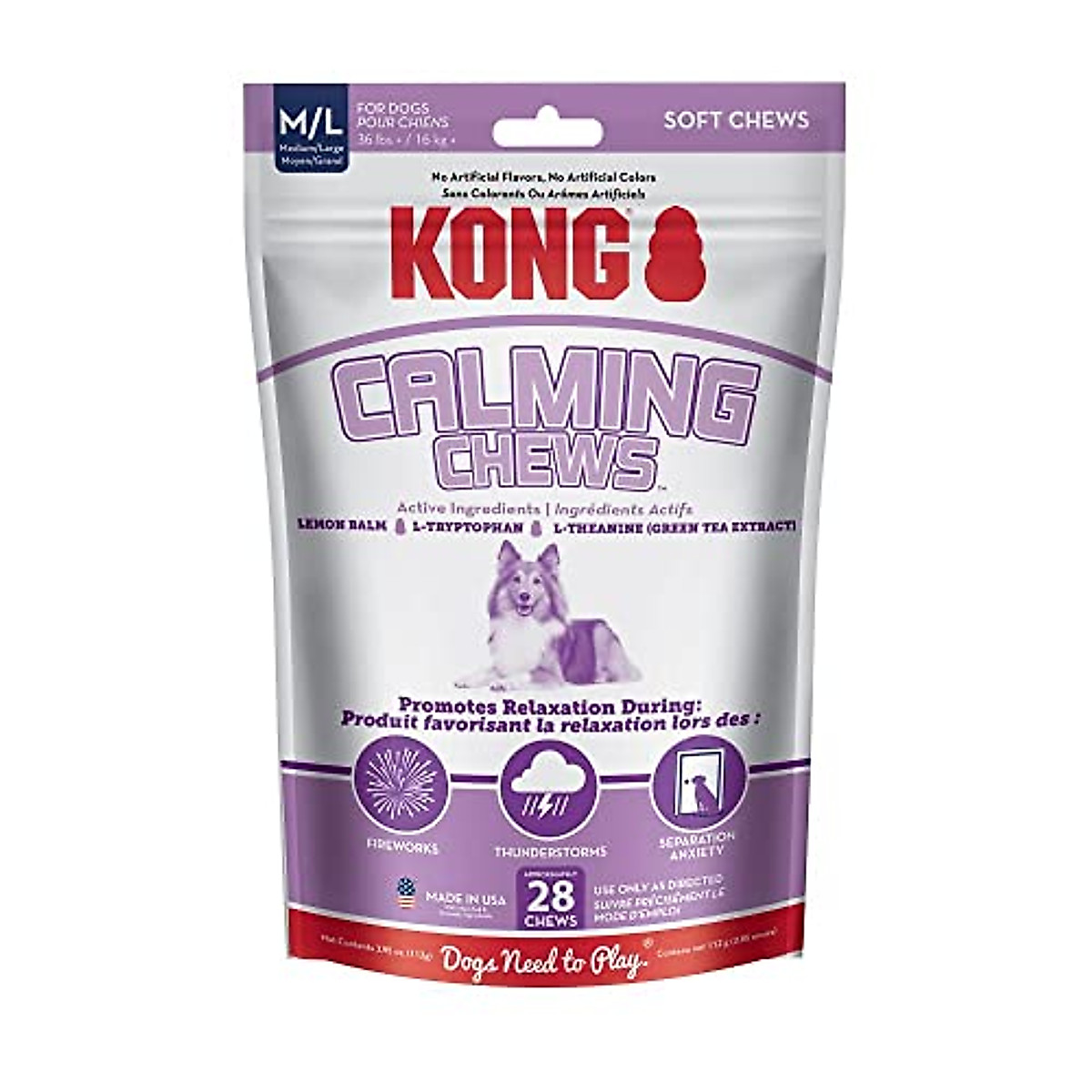 KONG - Calming Chews 28 Pieces - Natural Soft and Chewy Dog Calming Treats for Anxiety, Stress & Separation, Fireworks and Thunderstorms Aid & Relief - for Medium/Large Dogs Greater Than 36 lbs
