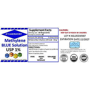 Methylene Blue 1% A2Z Laboratory | USP-Grade Methylthioninium Chloride Liquid | High Purity Dietary Supplement for Brain Function & Cognitive Health | No Formaldehyde (1) 50ml Glass Dropper Bottle